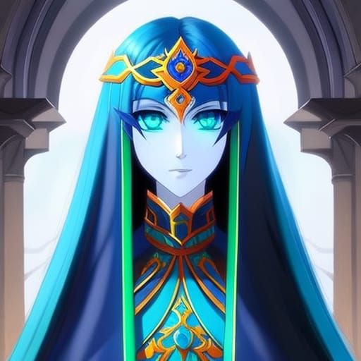 Bright Blue and orange long hair anime priestess glowing bright green ...