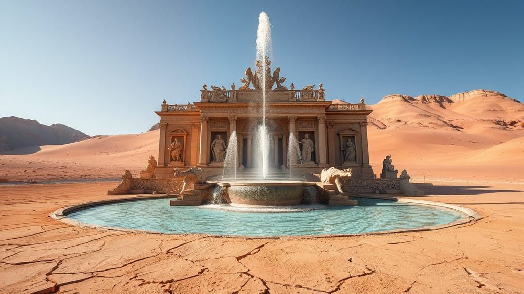 Ancient Desert Fountain with Mythical Statues and ... - AI Art