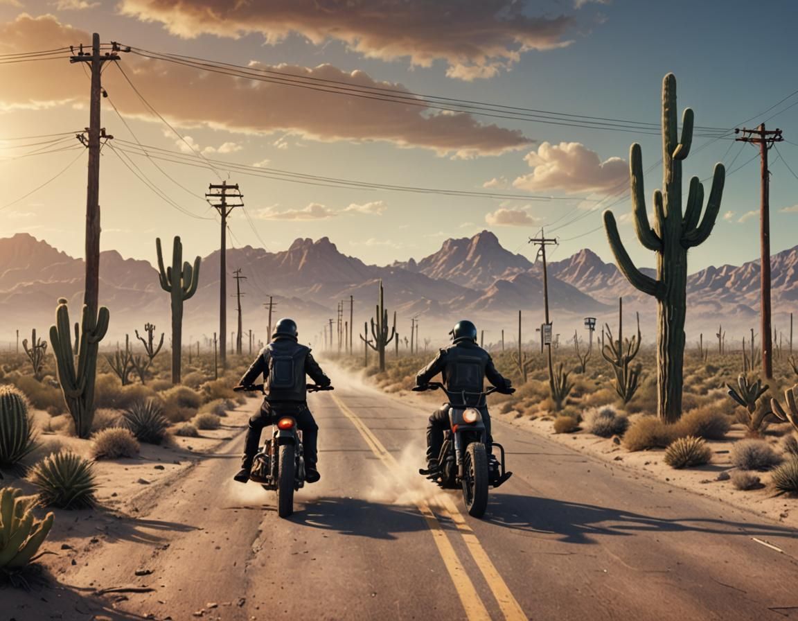 tough biker dude riding his chopper on a lonely desert road with ...