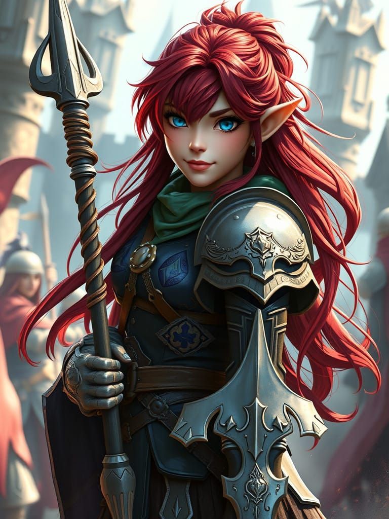 Smug female elf spearman with dark red hair and blue eyes.