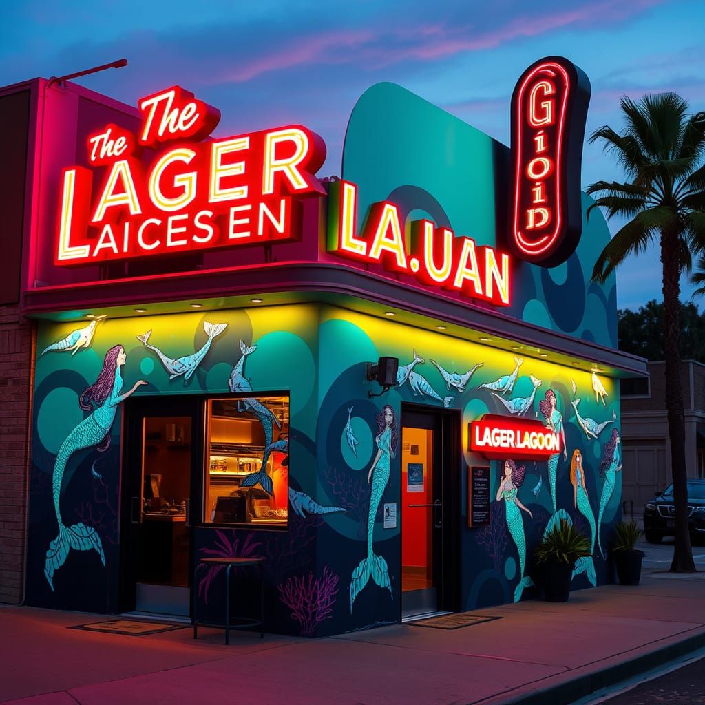 Retro-Futuristic Mermaid Dive Bar in Vibrant Blues... - AI Art