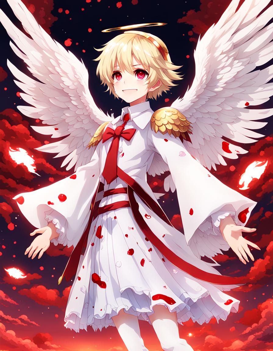 An angel Vtuber with blood red eyes, short blond hair, wings, flying ...