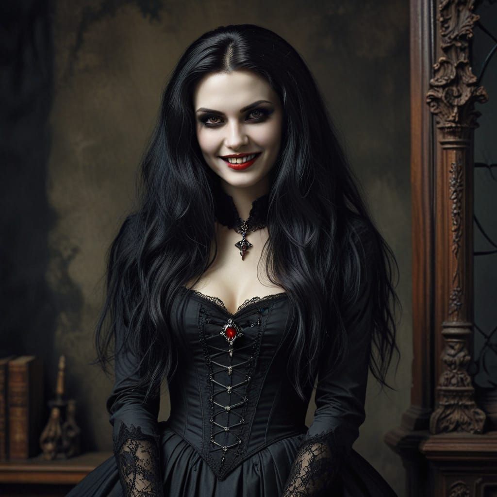 Gothic Vampire Woman in Antique Carmines and Black - AI Art