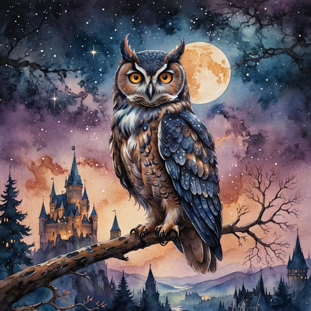 Watercolor Sky and Owl - Whispering Owl Under Starry Skies i...