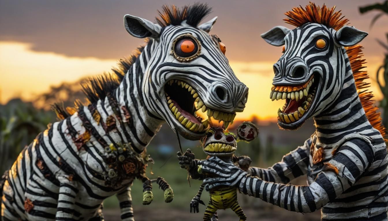 Hyperrealistic Zombie Zebra Monster Puppet Family - AI Art
