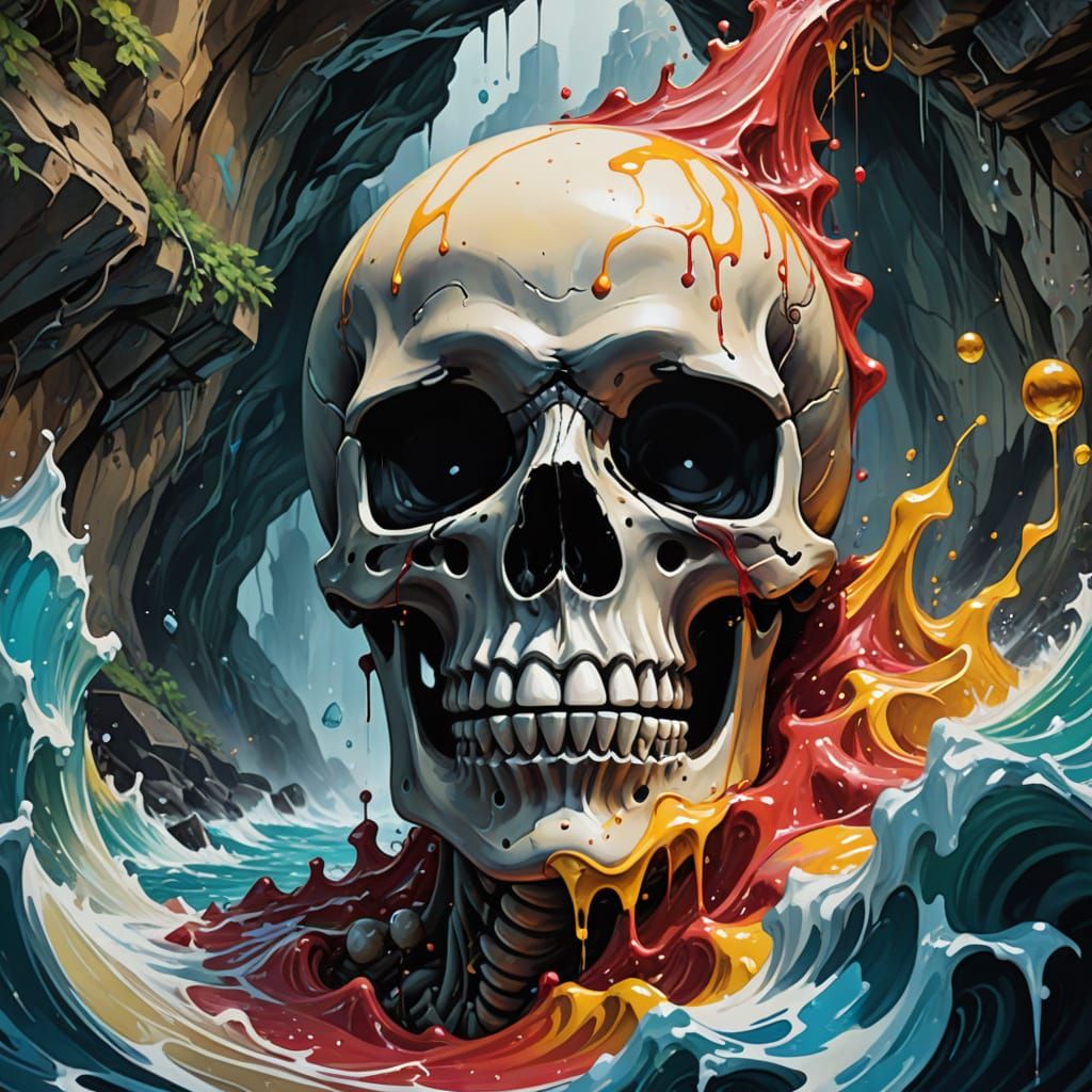 Vibrant Sots Art Skeleton in Cave with Golden Inla... - AI Art