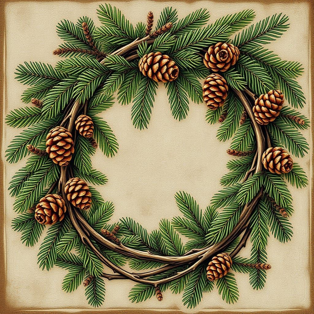 Sgraffito Wreath of Intertwined Evergreen Branches - AI Art