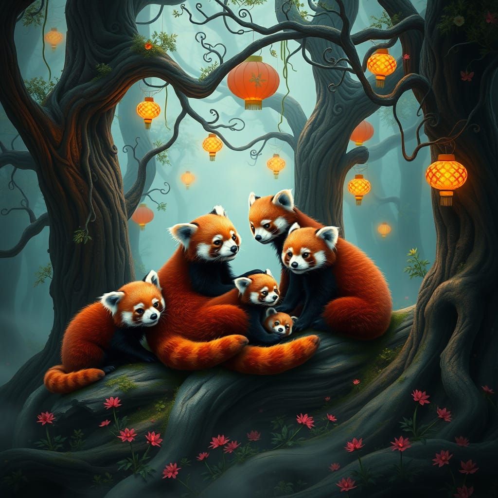 cute red panda family in trees - Whimsical Red Panda Family ...