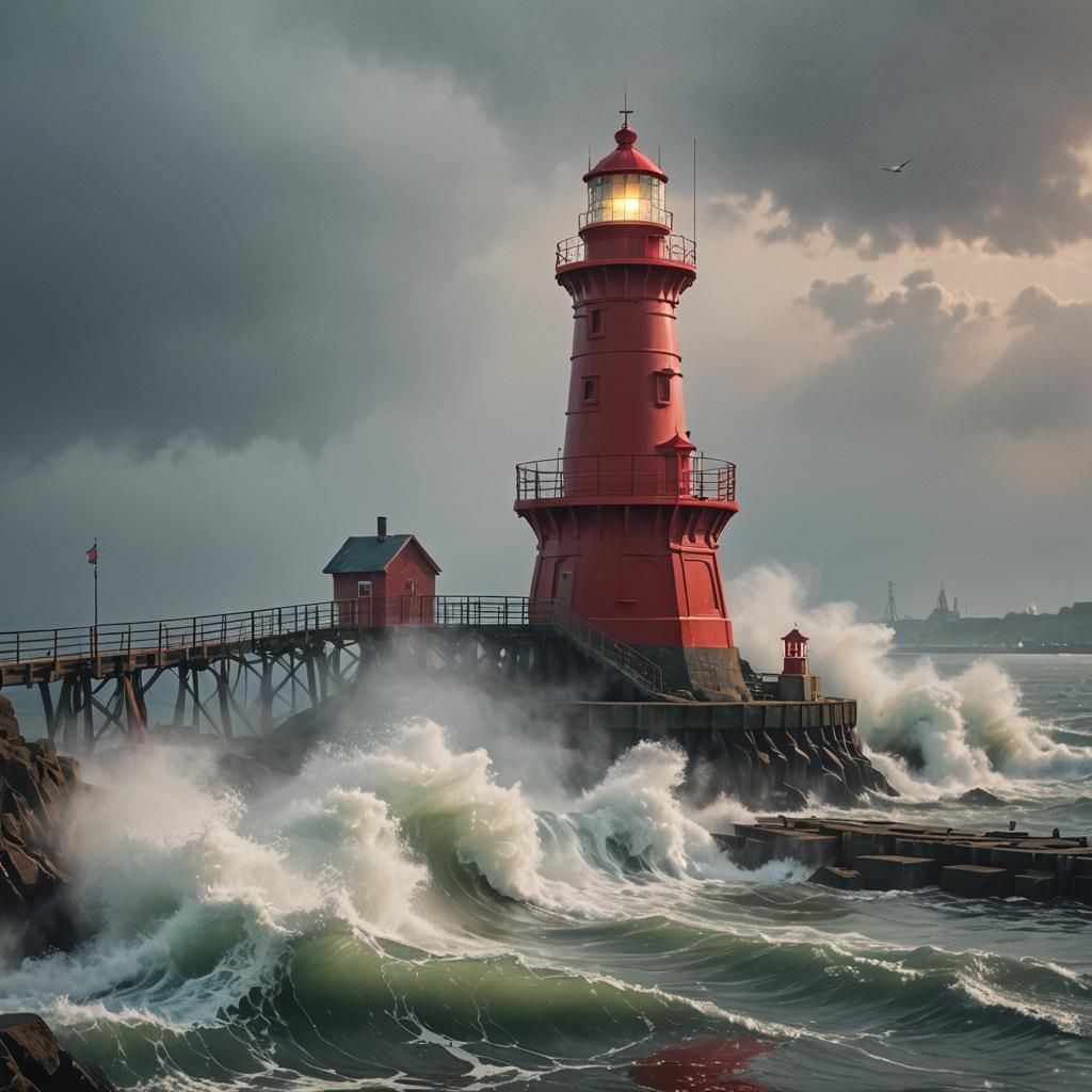 red Lighthouse standing on a harbour pier - AI Generated Artwork ...