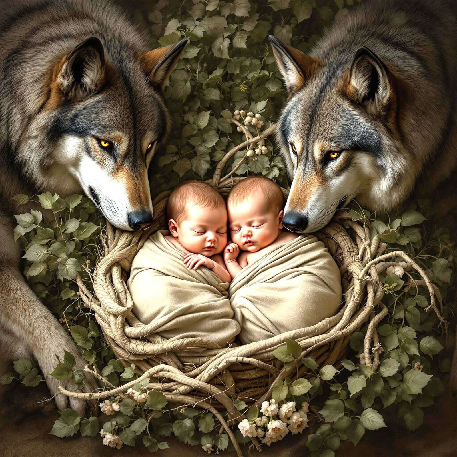 Ancient Rome Twins Surrounded by Wolves in a Mytho... - AI Art