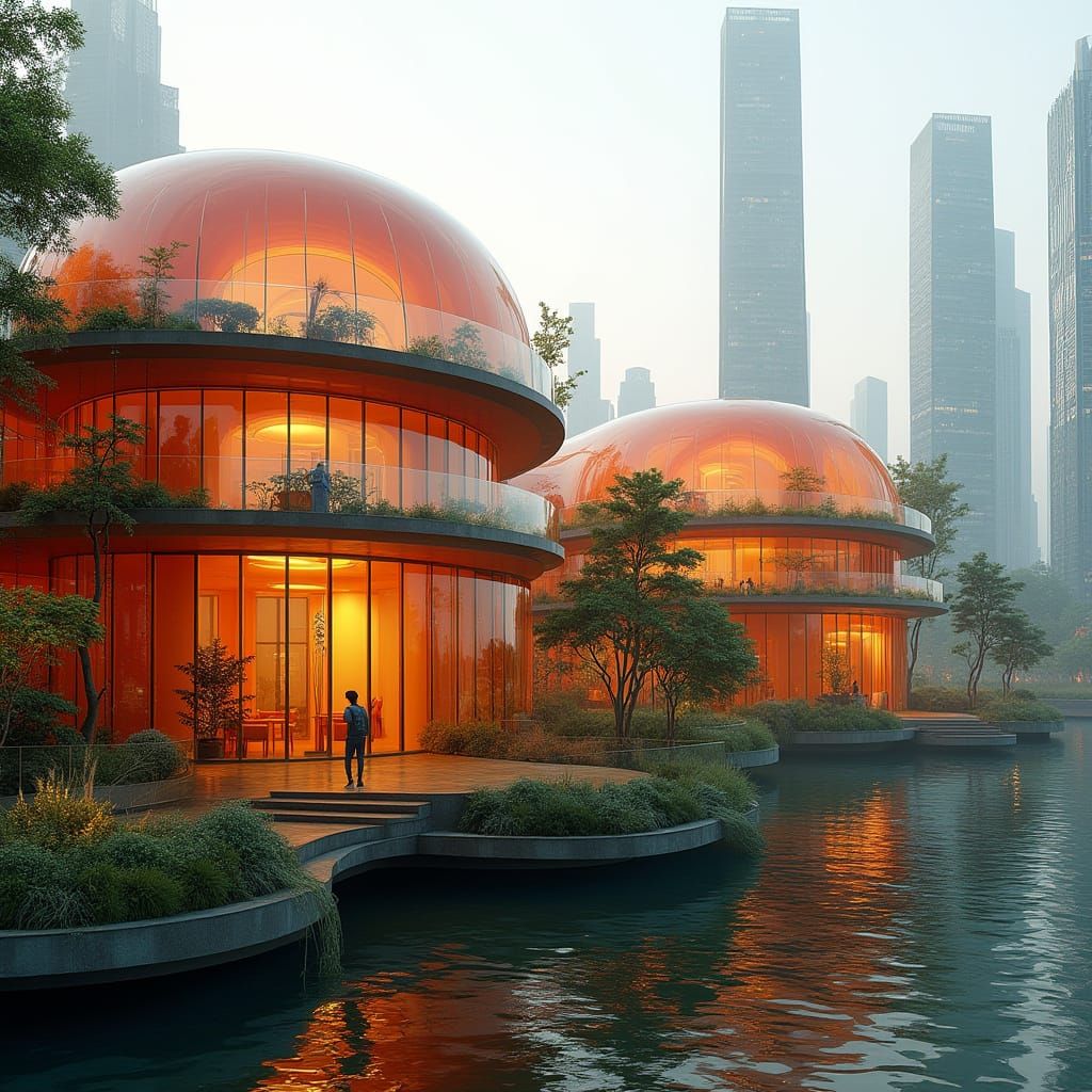 Futuristic Plastic Buildings with Greenery and Wat... - AI Art