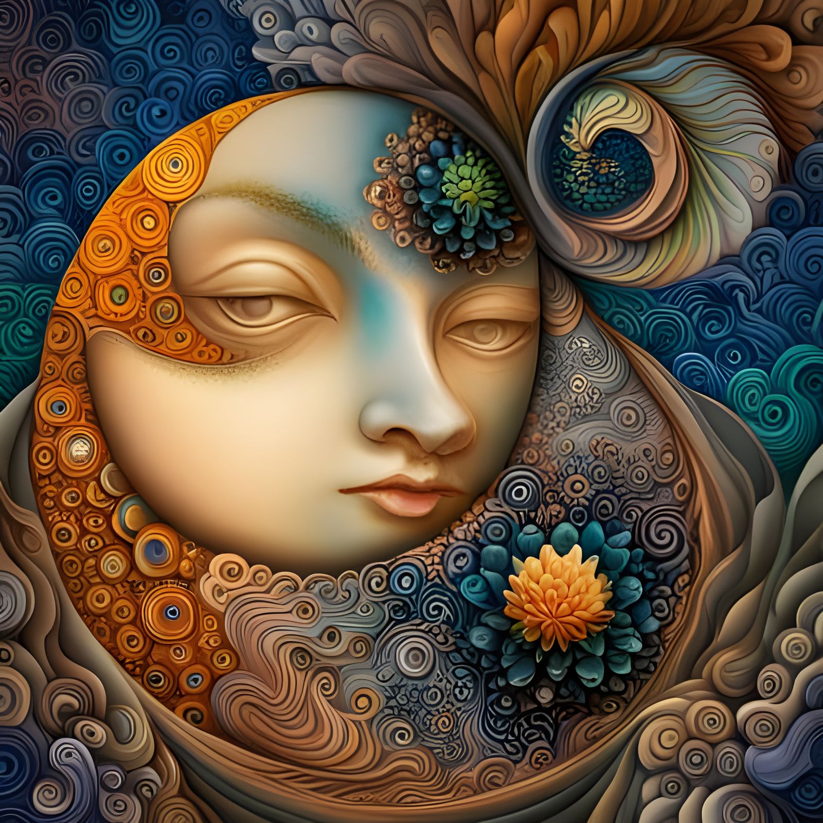 3d Mandelbrot sculptured painting of a crescent moon and face, in ...