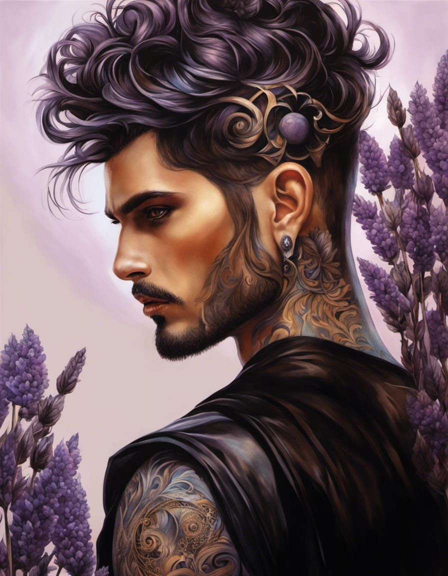 Acrylic Painting style of, Karol Bak, Mappa; God of lavender; male ...