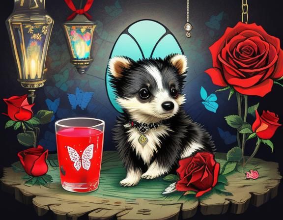 vaporwave A cute miniature baby yorkie badger sitting in a gothic nest ...