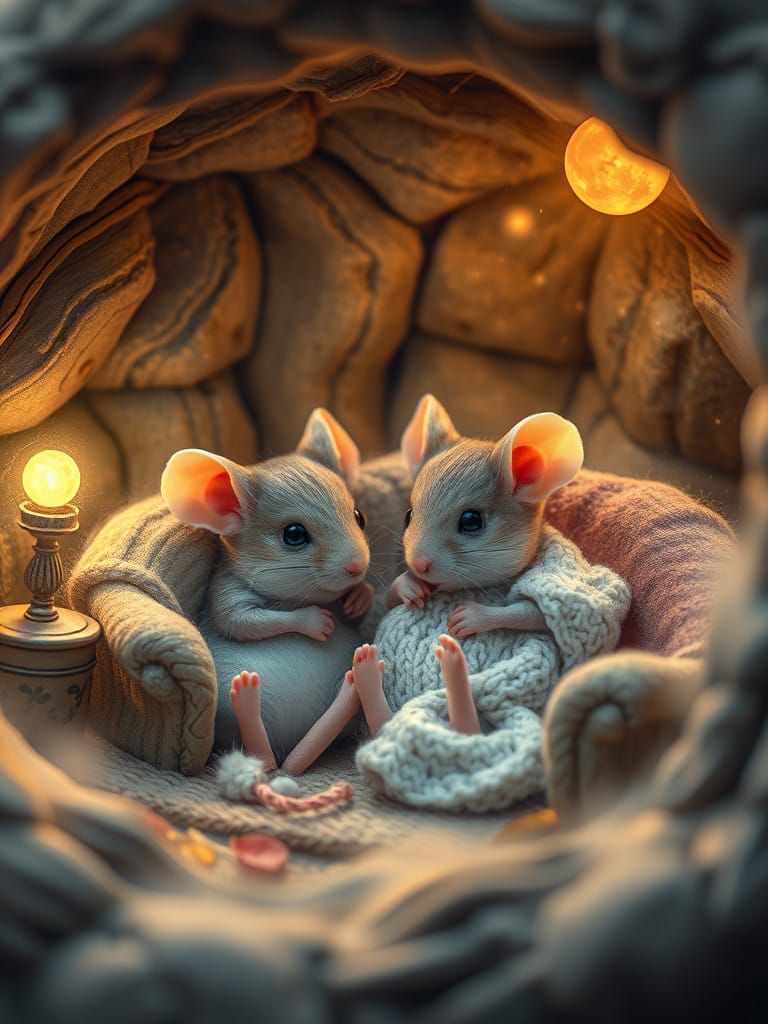 Cozy Mouse Family in Whimsical Burrow Scene - AI Art