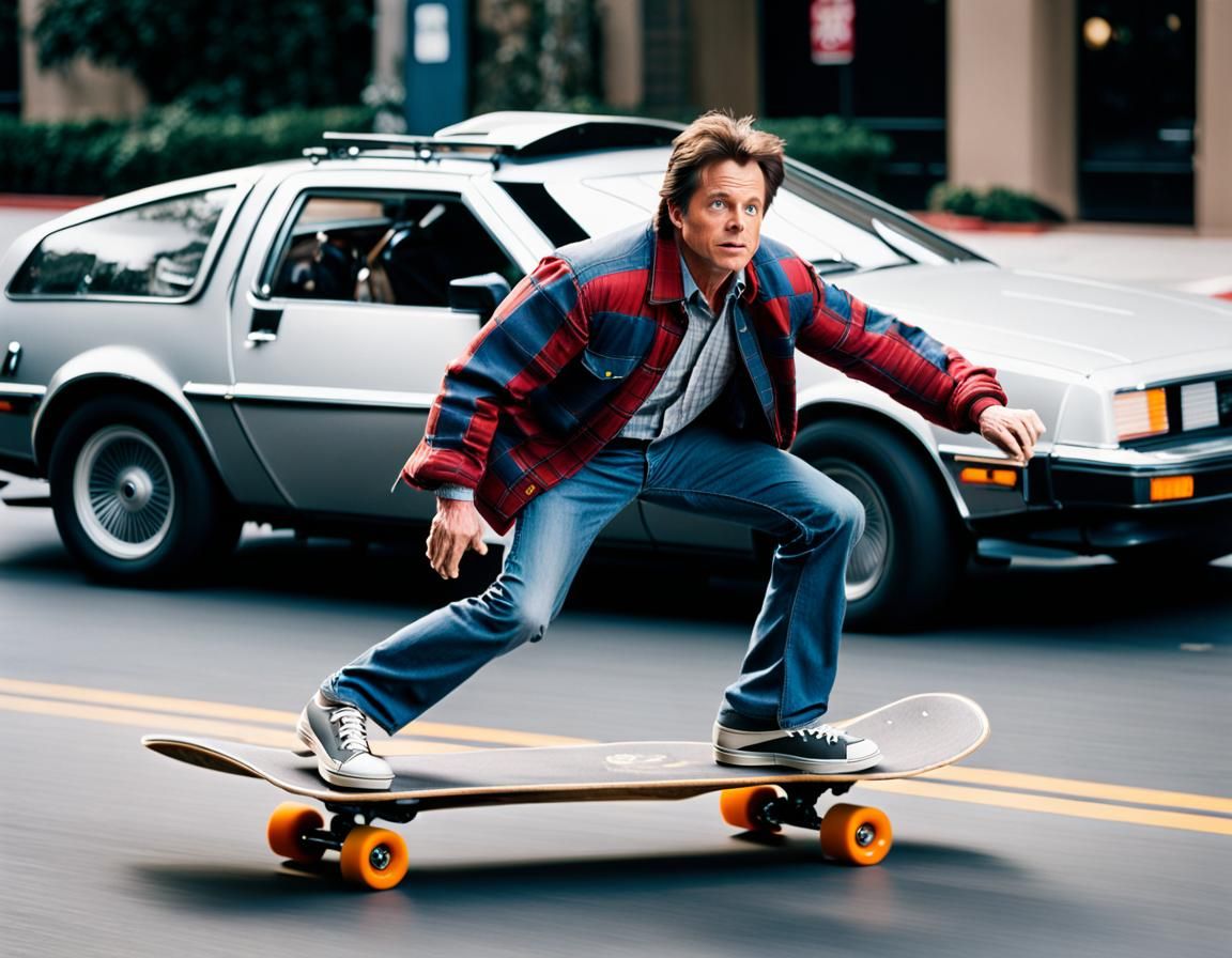 Michael J Fox as Marty McFly, on a skateboard holding onto a car ...