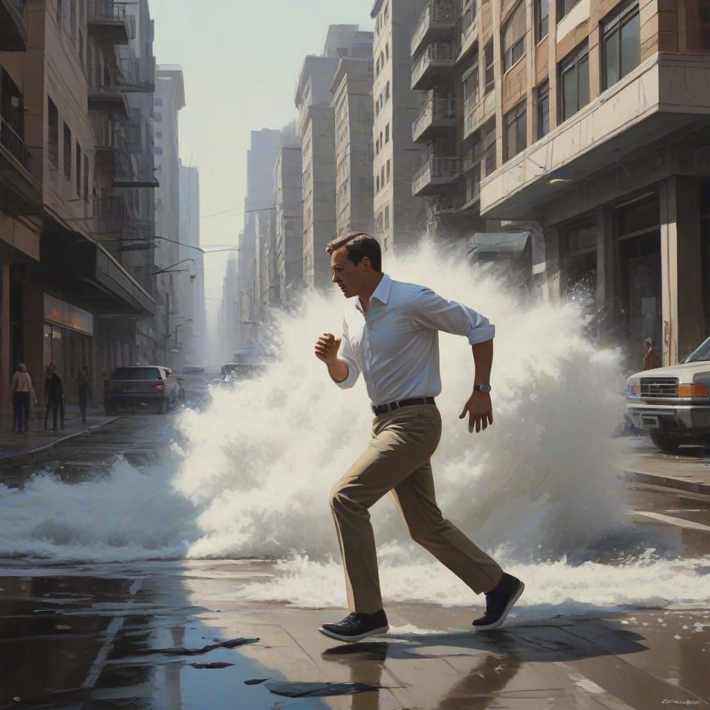 A dad running - Man Running from Tidal Wave in Coastal City