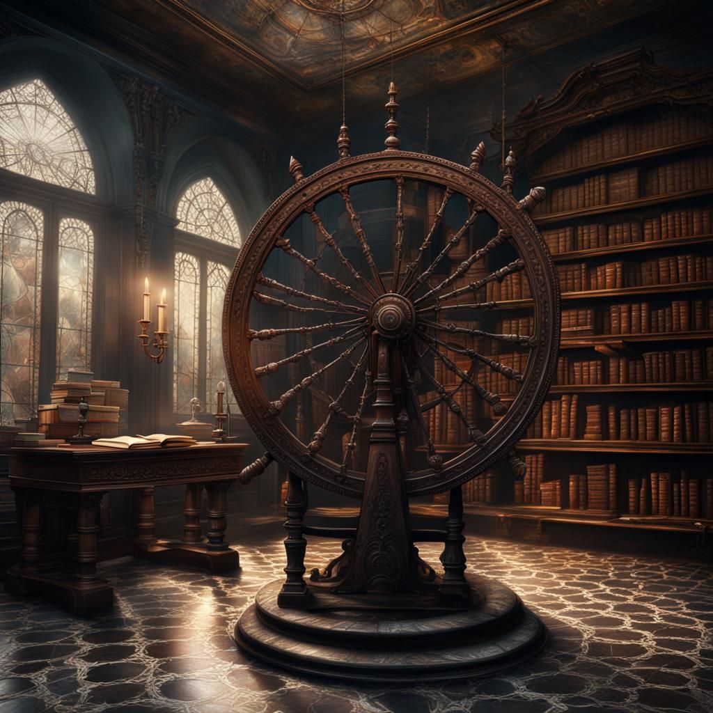 detailed realistic spinning wheel, bookcases,small tables, cobweb ...