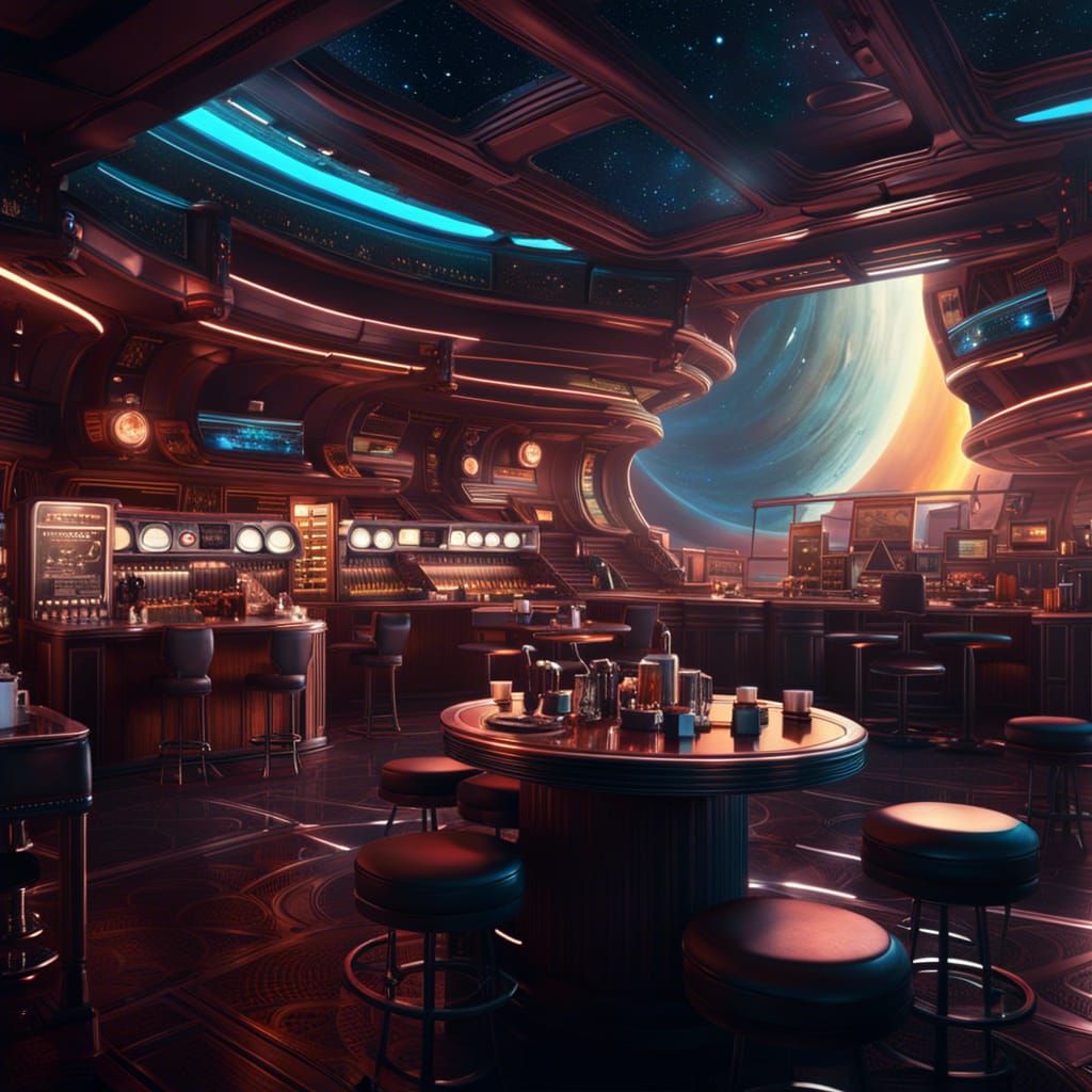 Eighties coffee shop in space, orbiting around Saturn Epic cinematic ...