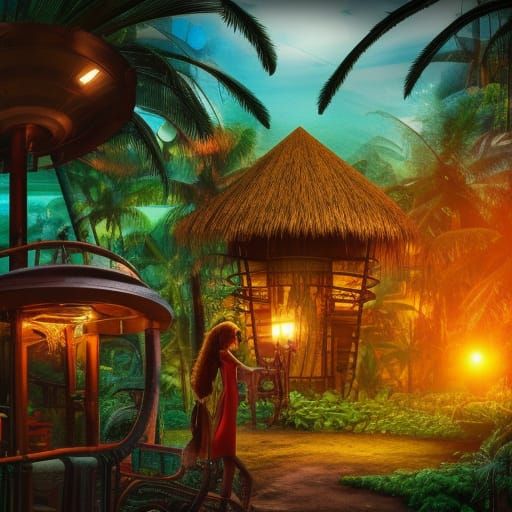 Tropical island shack, steampunk, cinematic scene, art deco, studio ...