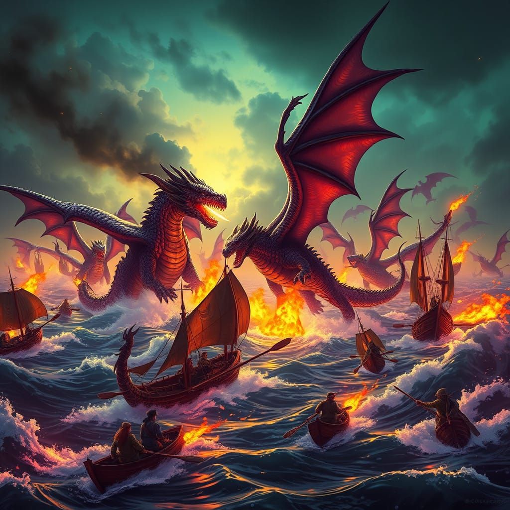 30 Ferocious Dragons Engulf Pirates in Epic Sea Ba... - AI Art