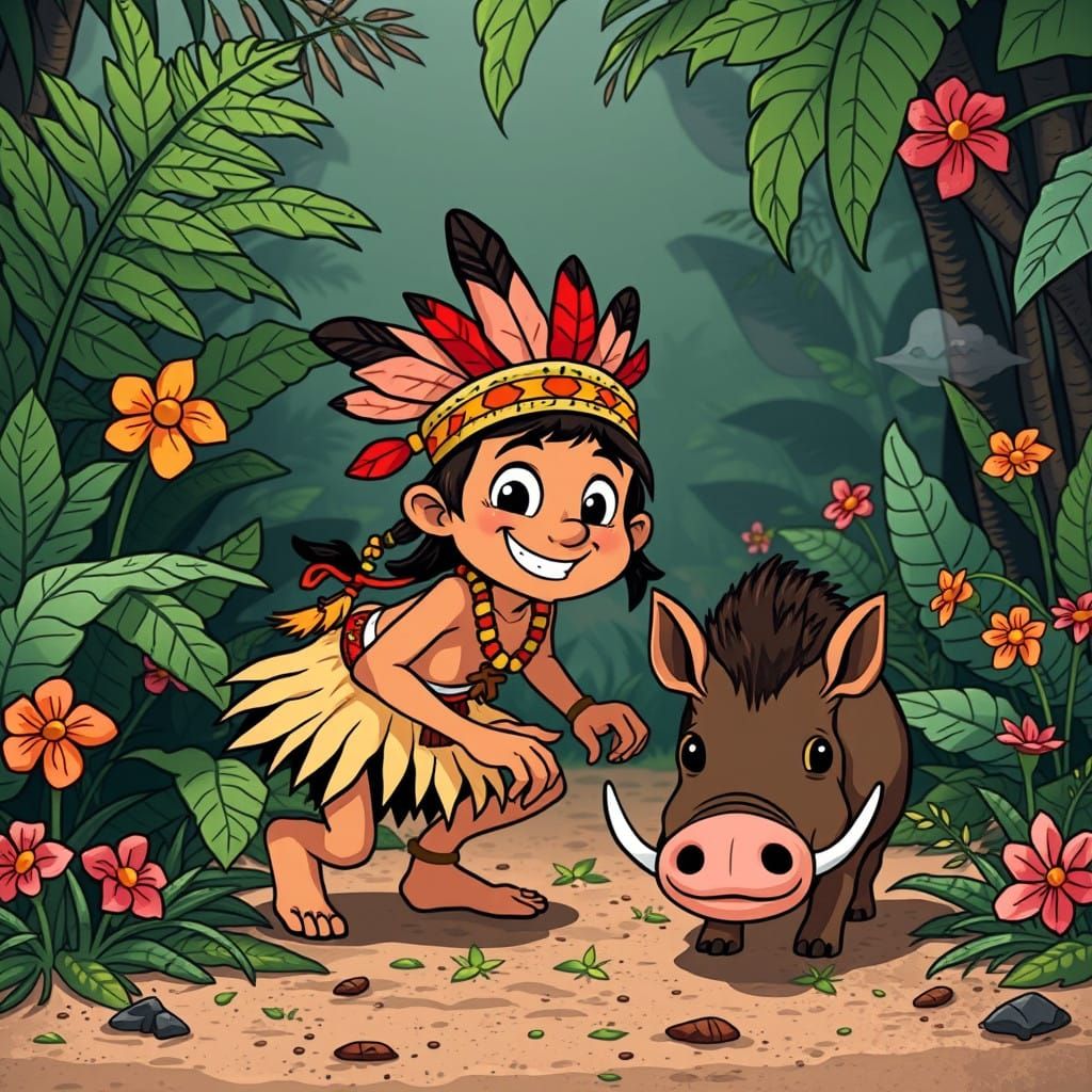 Whimsical Indian Hunter Chases Wild Boar Through J... - AI Art