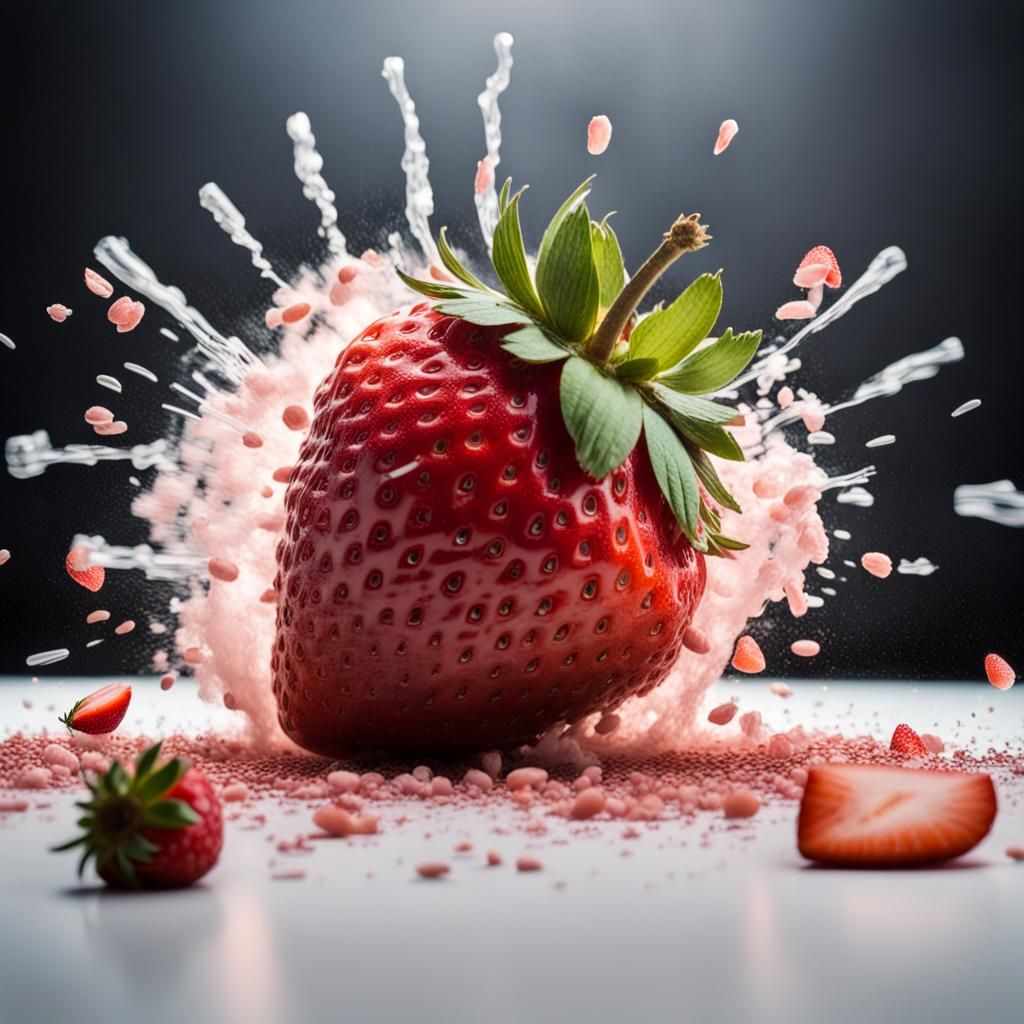 Exploding disintegrating Strawberry grenade into shrads and pieces, cinema high octane, speed ...