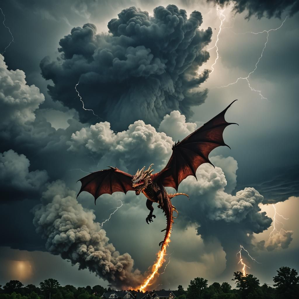 small fire dragon, flying, dark sky, clouds, thunderstorm, tornado ...