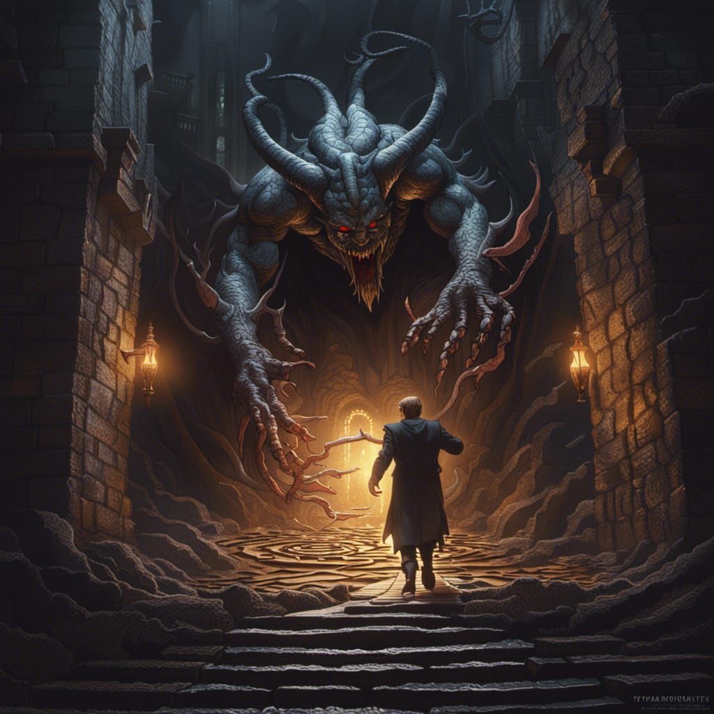 Demonic entity approaching someone in a maze of their dreams to offer a ...