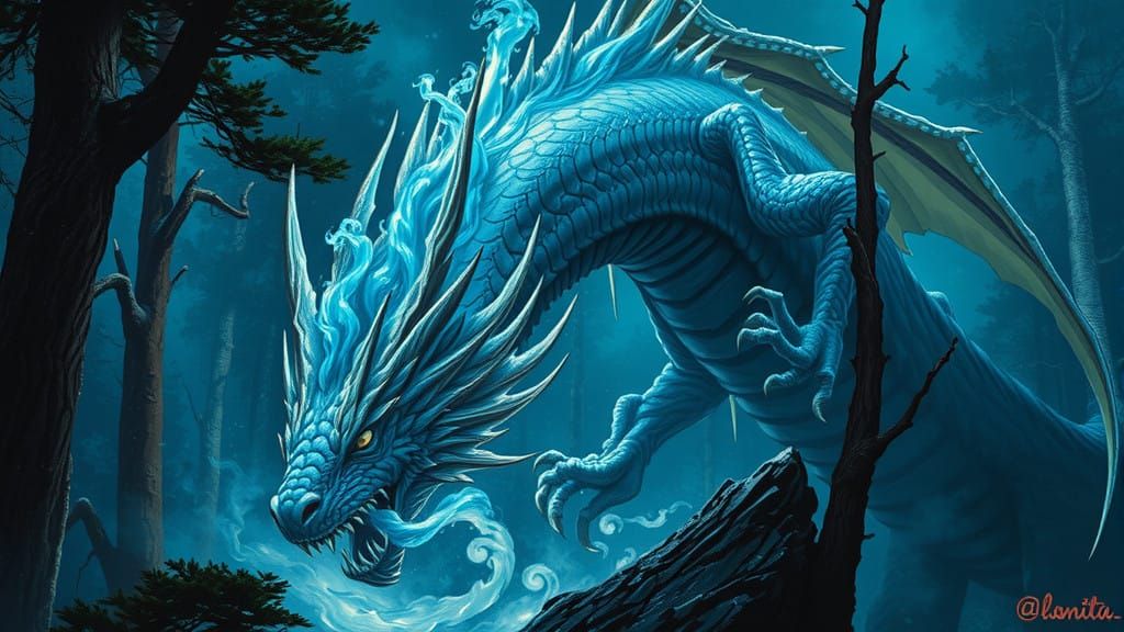 Majestic Dragon Unleashes Blue Flames in Ancient F... - AI Art