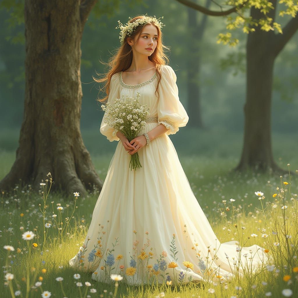 Medieval Maiden in Whimsical Forest Gown with Mead... - AI Art