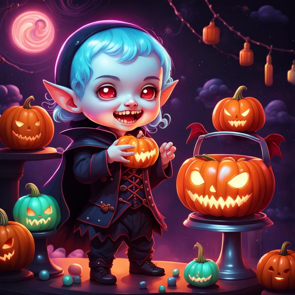 adorable cute Chibi baby Vampire with fangs holding Spooky Kitchen ...