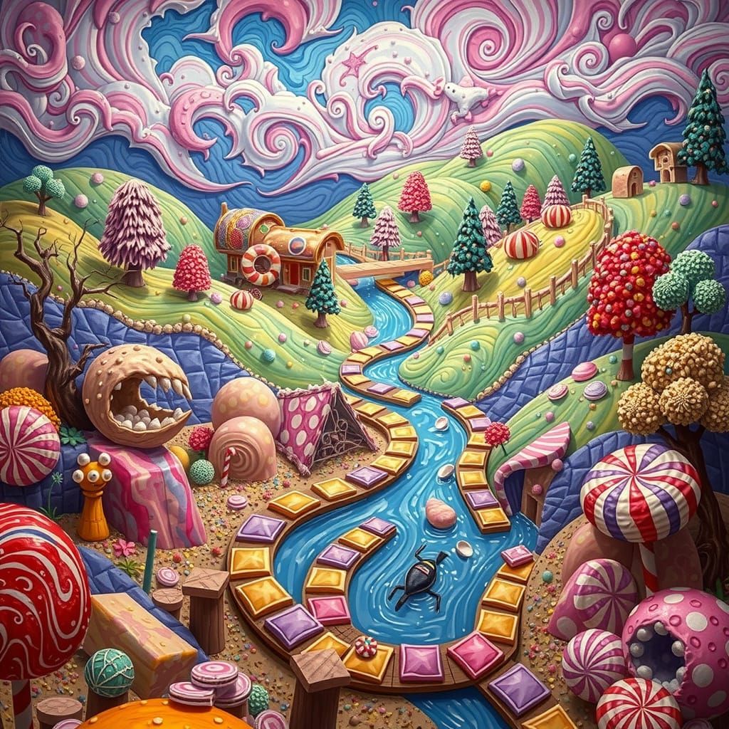 Vibrant Candyland Wonderland in Gouache-Inspired C... - AI Art