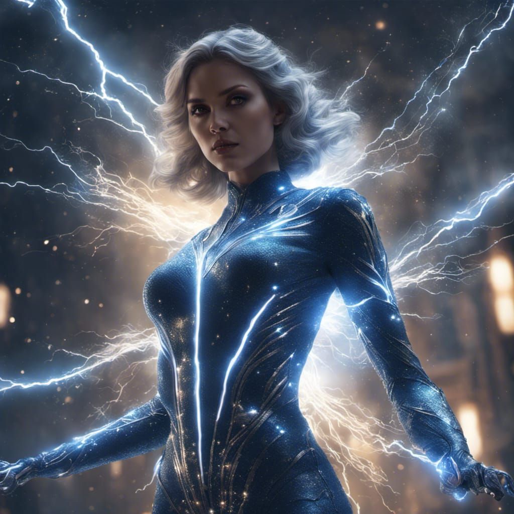 a beautiful woman dressed in a super suit of blue and silver, demonstrating her superpowers ...