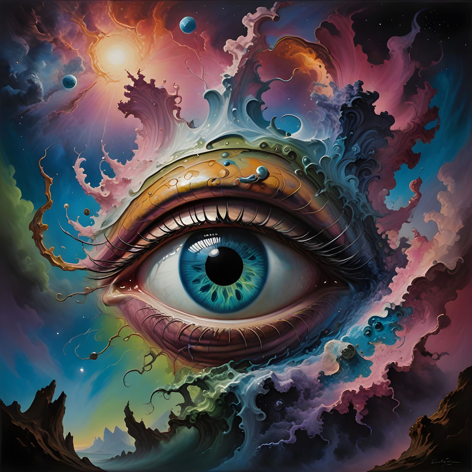The Looker - Cosmic Surrealist Eyeball Melts in Nebula