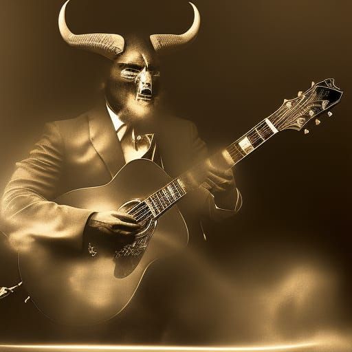 devil/ghost with horns playing slide guitar. sepia tone vapor flame ...