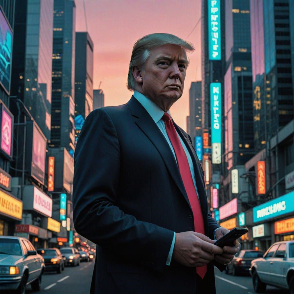 Synthwave Donald Trump - Futuristic Trump in Neon City