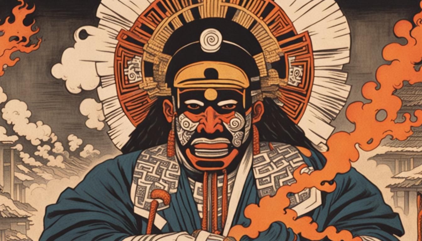 An Aztec priest wears a Xiuhtecuhtli mask , surrounded by smoke and ...