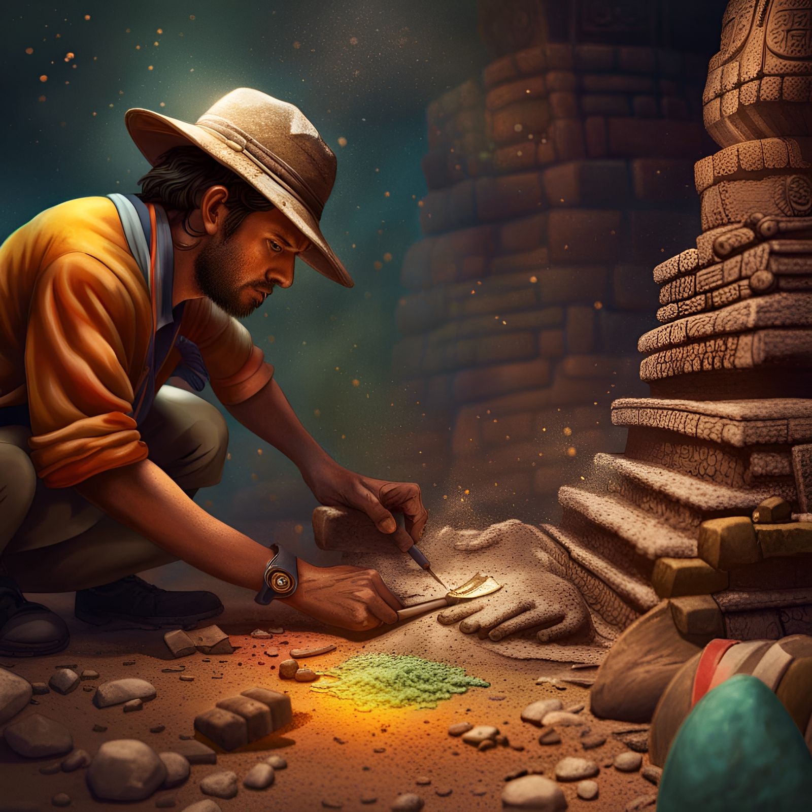 Archaeologist digging for artifacts near a Mayan temple - AI Generated ...