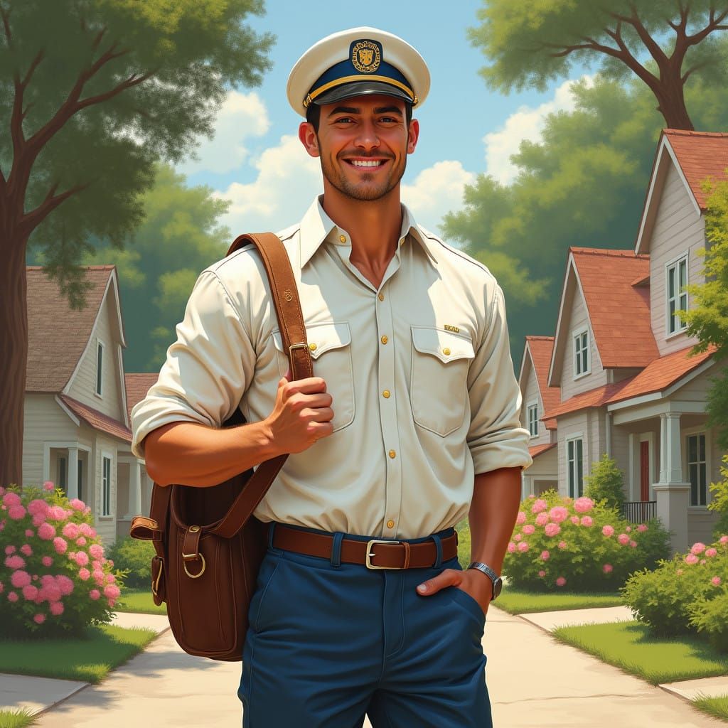 Handsome Mailman Carrying Mail in a Quaint Suburba... - AI Art
