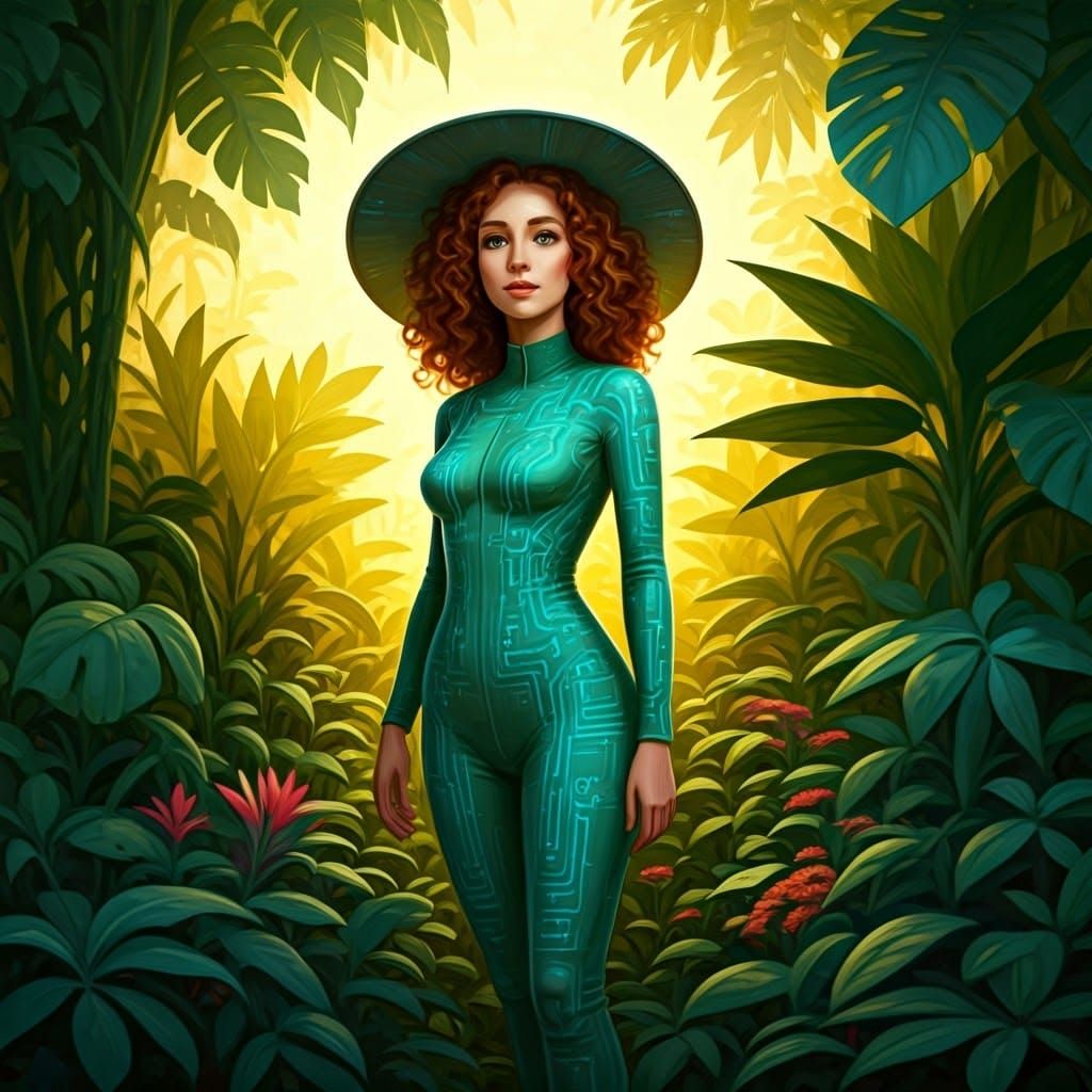 Solar punk theme showcasing a Caucasian woman dressed in vibrant green ...