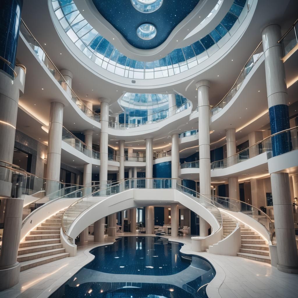 Retrofuturism styled indigo and white SPA Jacuzzi staircases columns ...