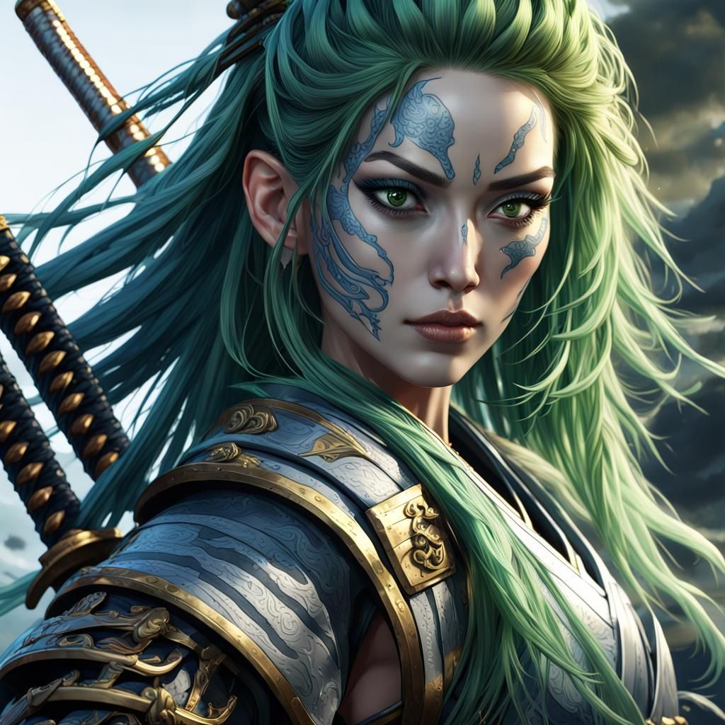 Dnd female Triton samurai with blue skin, green eyes and green hair in ...