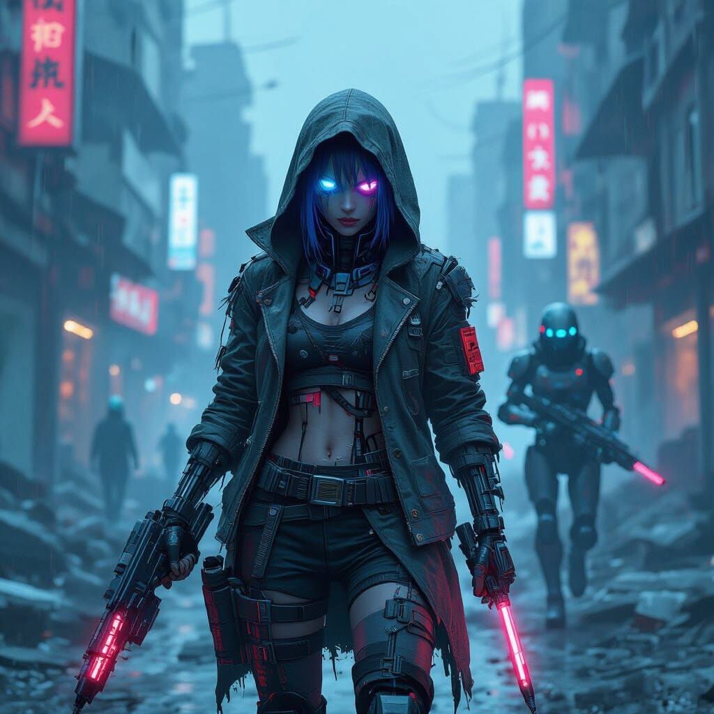 Anime Cyborgs Resist AI Robots in Ruined City - AI Art