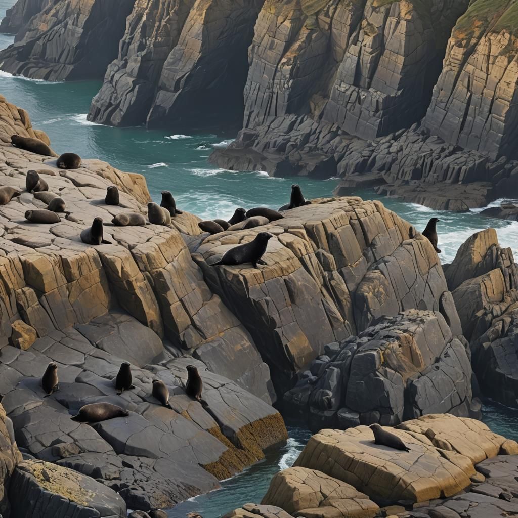 Black ocean cliffs , seals on the rocks - AI Generated Artwork ...