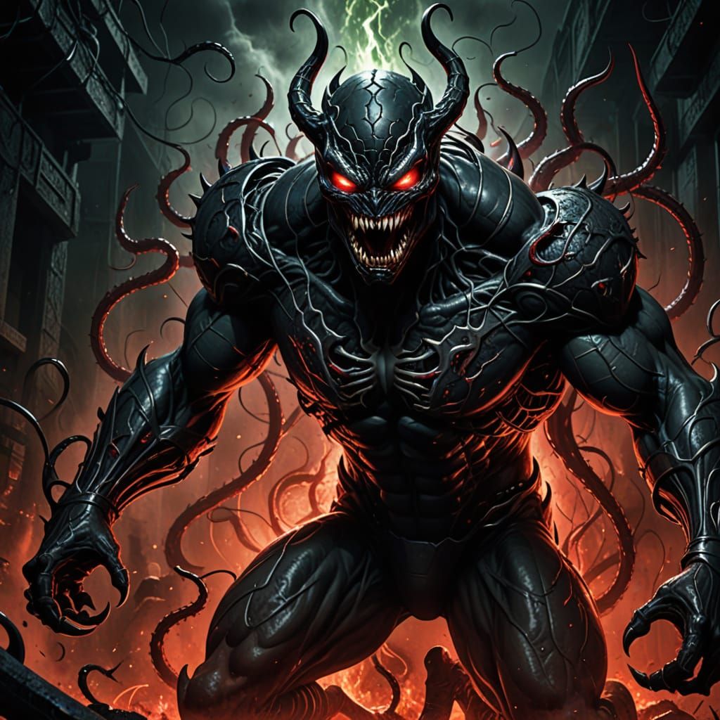 Symbiote DoomGuy Battles Demonic Horde in Dark Fan... - AI Art