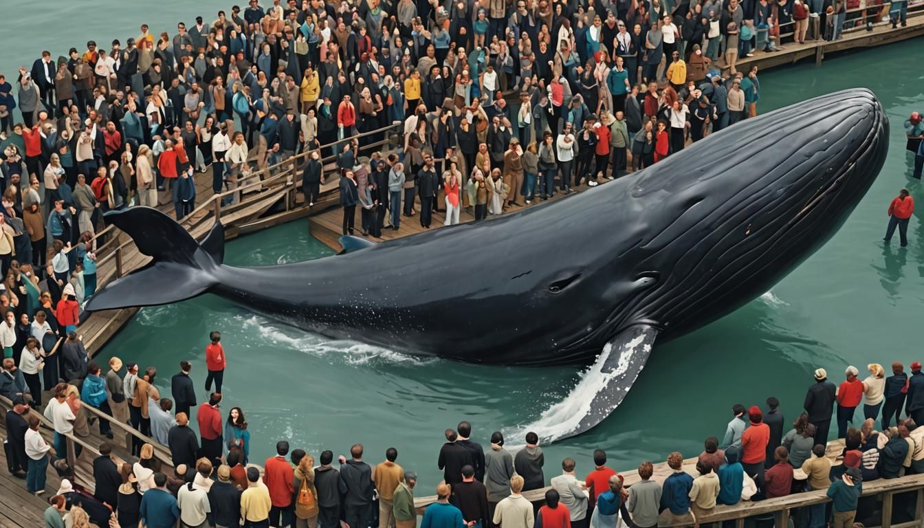 a group of people standing on a dock next to a whale, dramatic zoom ...