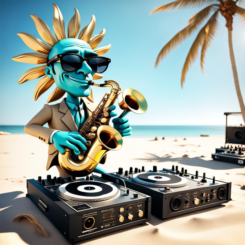 Animated Saxophone Man on Beach with DJ Decks - AI Art