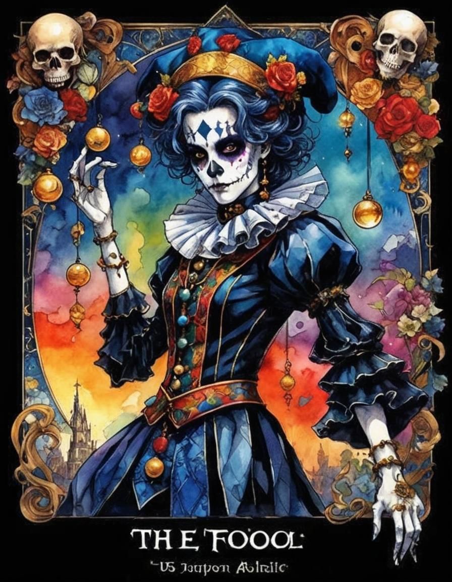 (tarot card design: the fool, striking lineart, a fool in gothic style ...