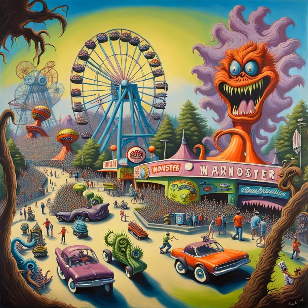 Painting of an Ed Roth monsters theme park with roller coatsers and ...